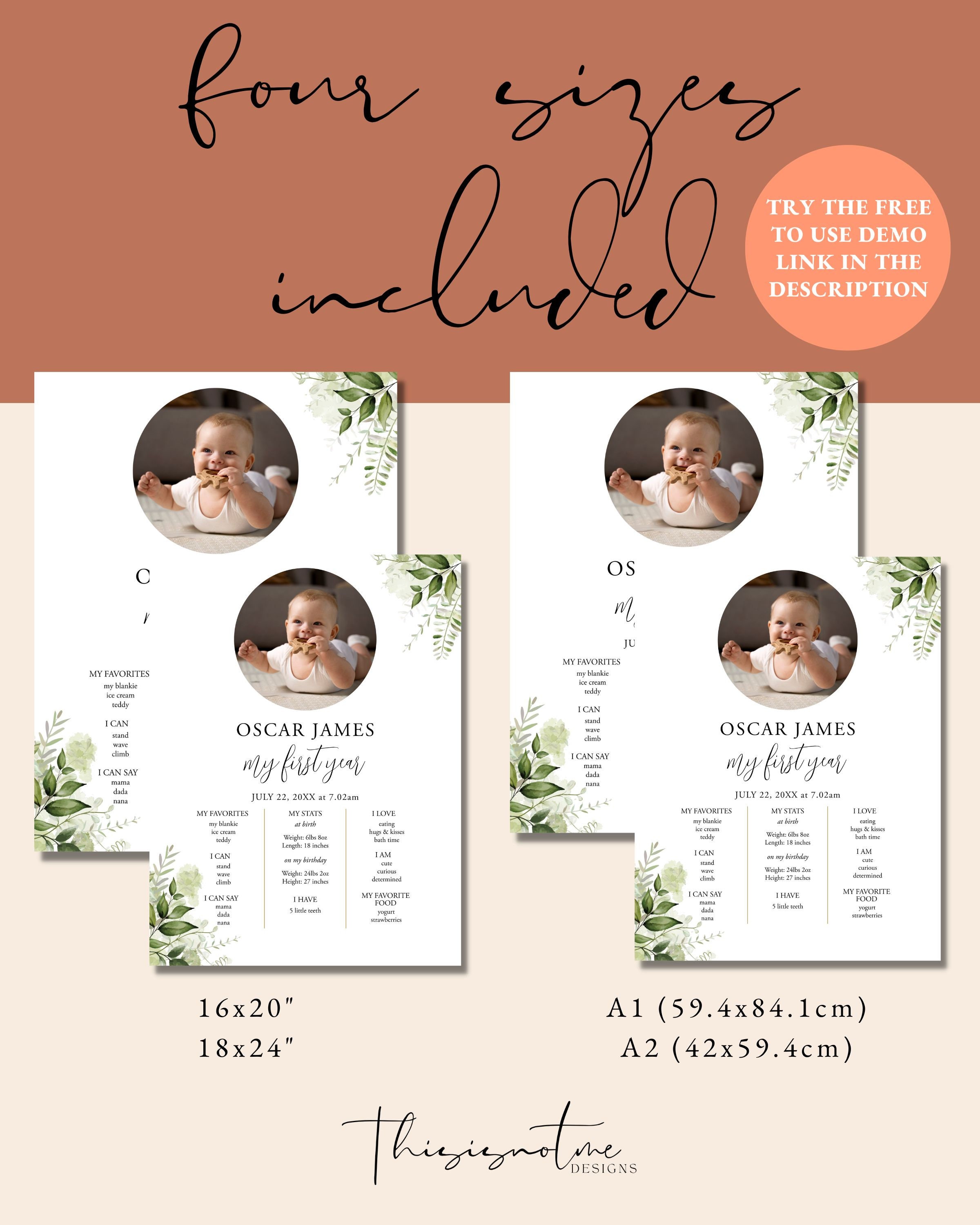 HARMONY First Birthday Milestone Photo Poster Template, Greenery 1st ...