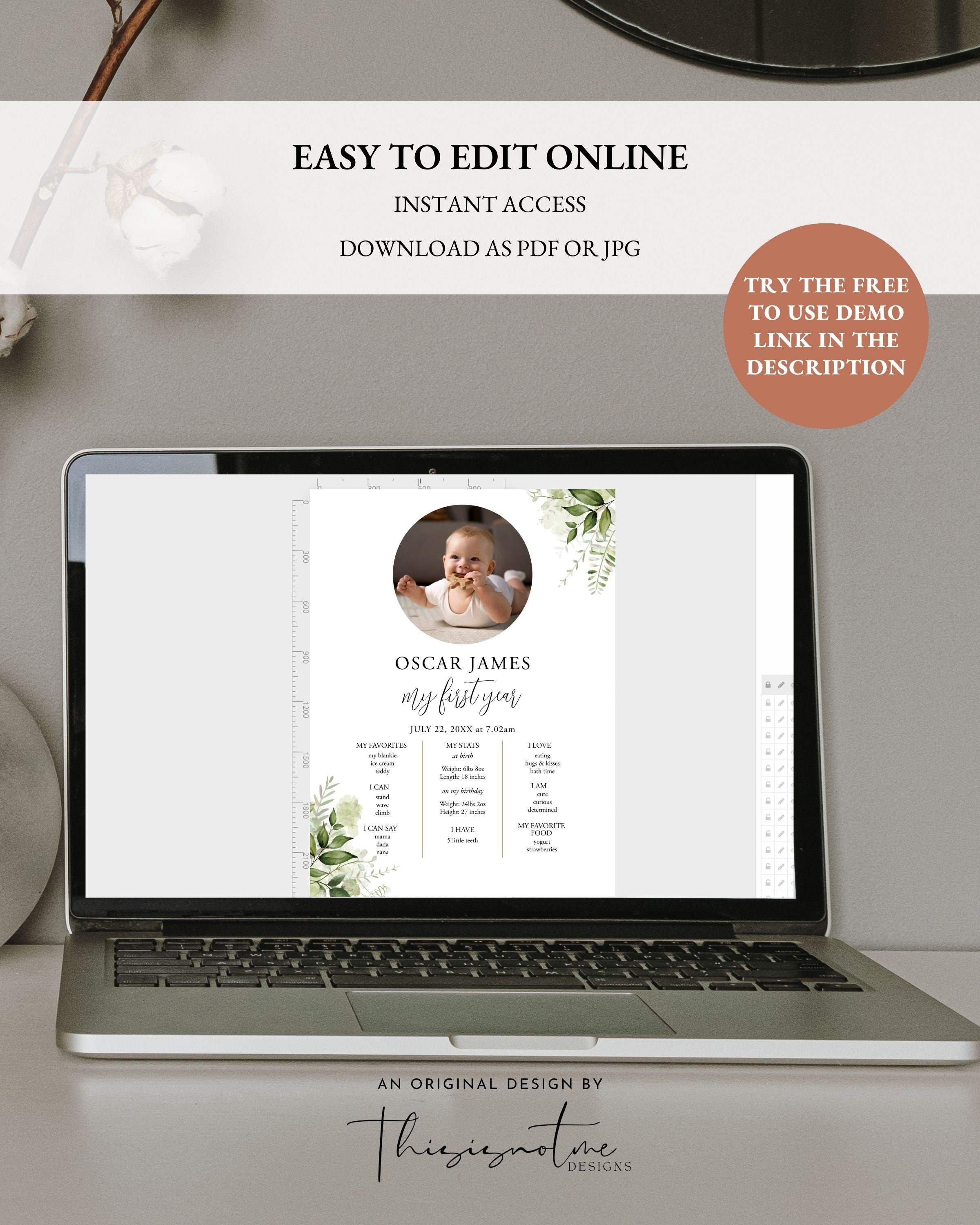 HARMONY First Birthday Milestone Photo Poster Template, Greenery 1st ...