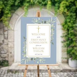 Blue First Holy Communion Welcome Sign Template, Printable Greenery ...