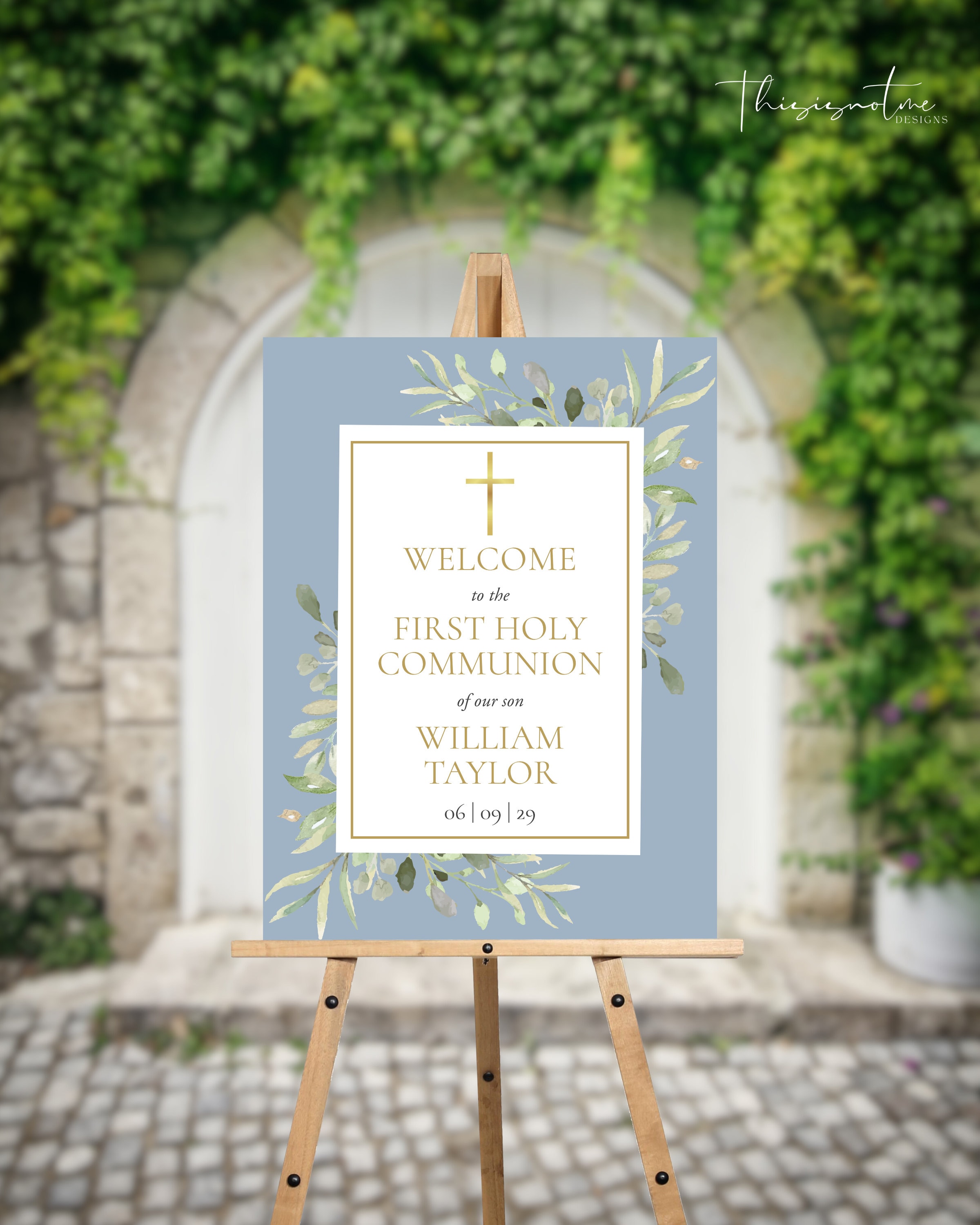Blue First Holy Communion Welcome Sign Template, Printable Greenery ...