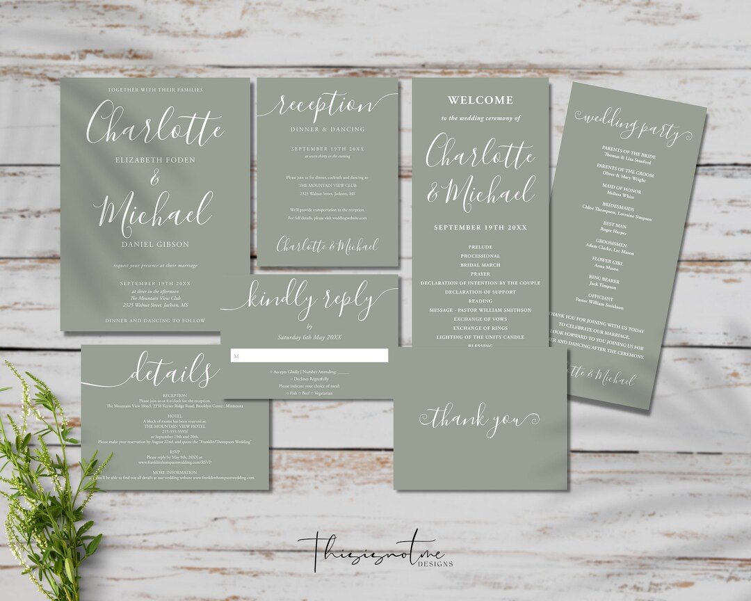 SIGNATURE Minimalist Wedding Invitation Suite, Sage Green Printable ...
