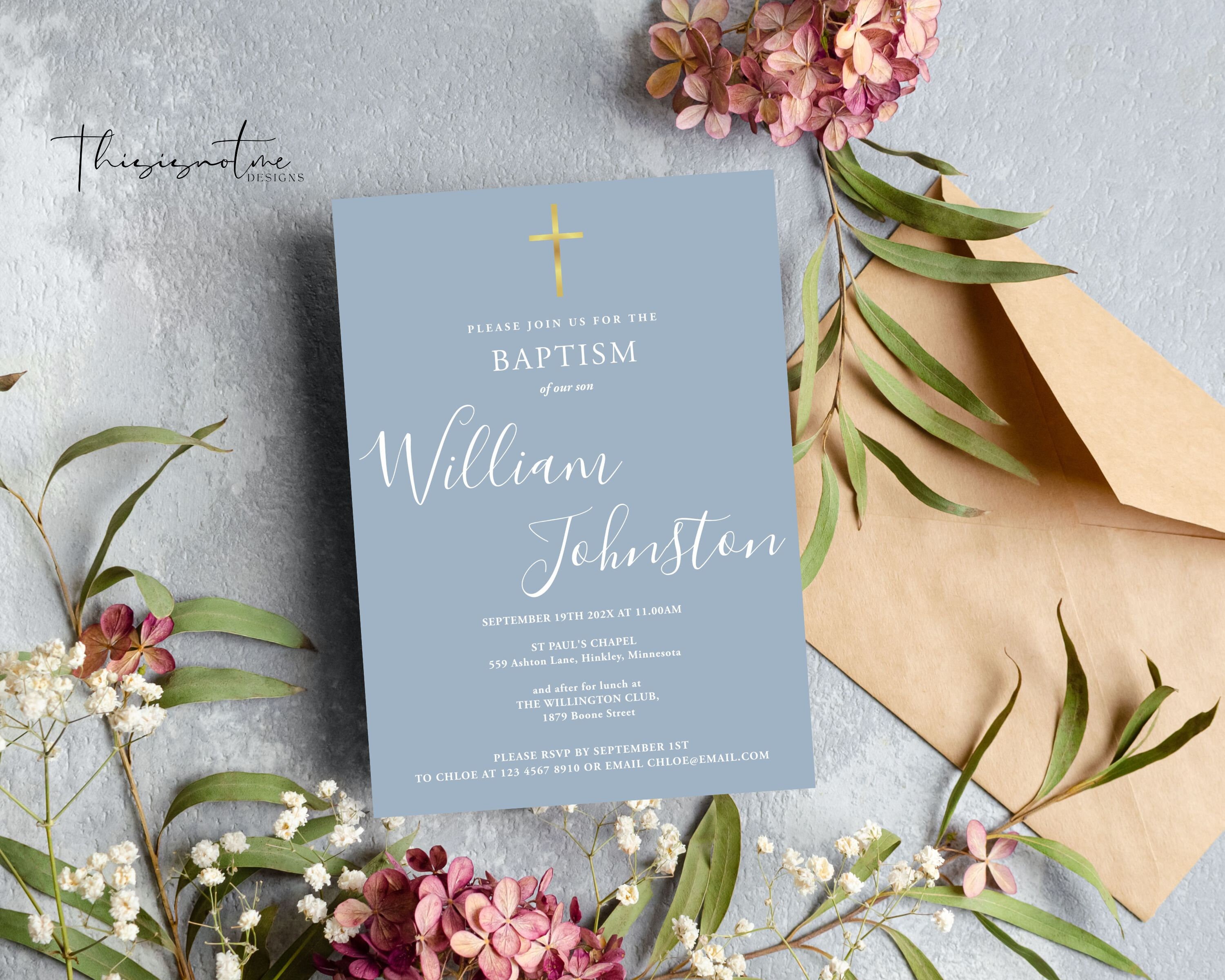 SIGNATURE Script Baptism Invitation Template, Printable Blue ...