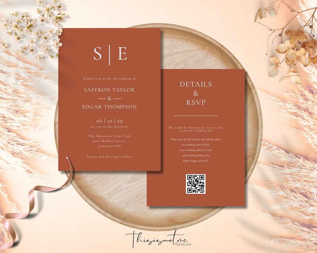 Minimalist QR Code Wedding Invitation Template, Elegant Monogram ...