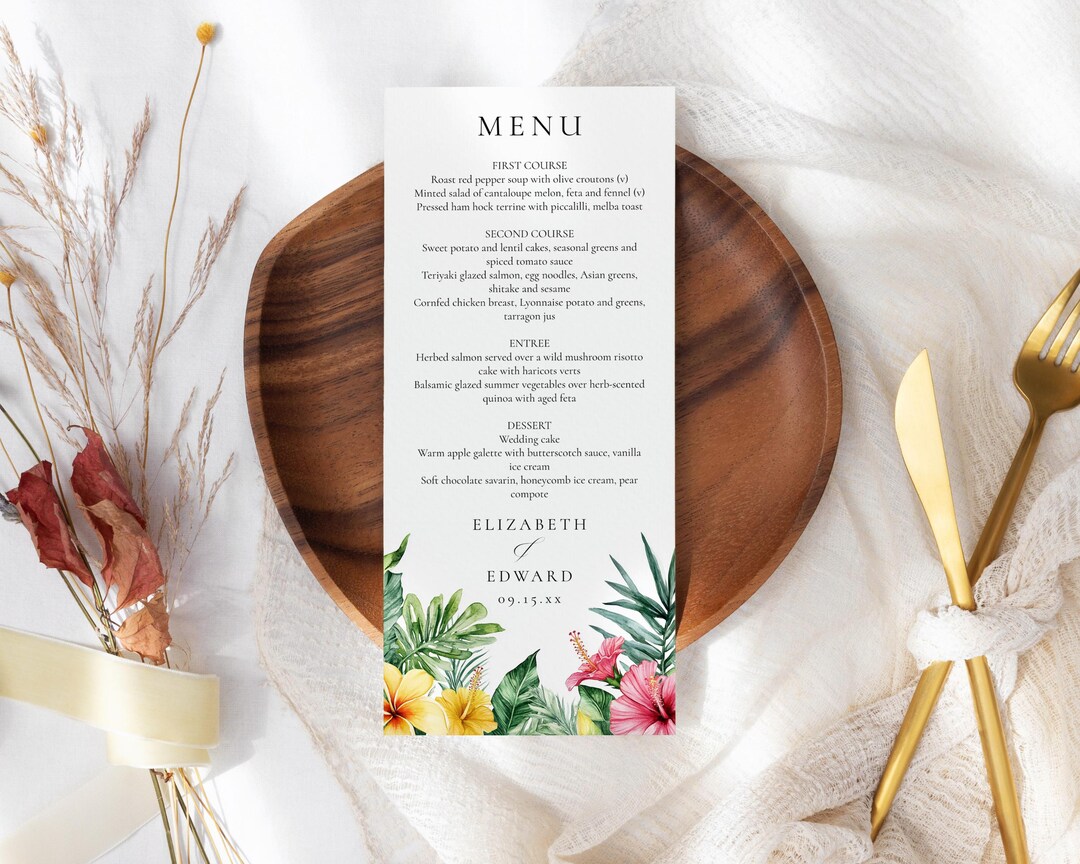 Tropical Floral Wedding Menu Template: Watercolor Flowers (digital ...