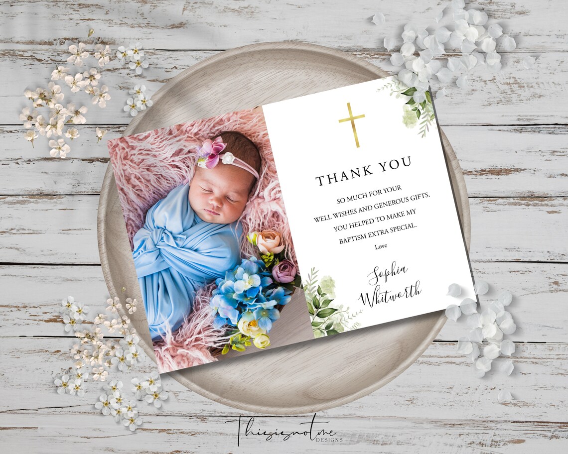 Baptism Thank You Card Template: Greenery Floral Photo Note (digital ...