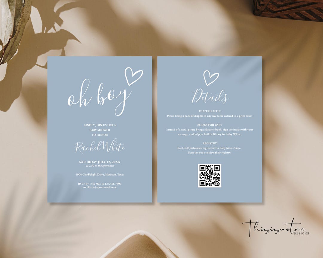 Dusty Blue Baby Shower Invitation Template: Oh Boy Minimalist Heart ...