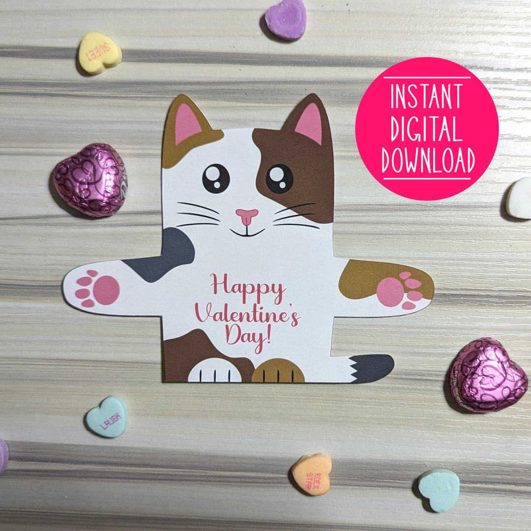 Instant Download Printable Happy Valentine's Day, Calico Cat Hugging ...
