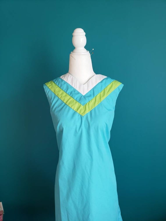 1960s mod shift dress, sheath dress, turquoise and gr… - Gem