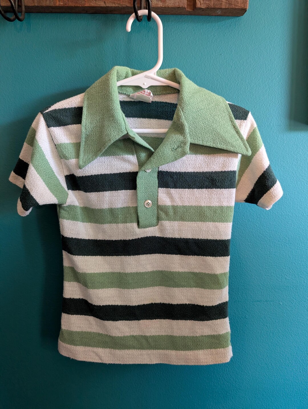 Kids Vintage 1970s 1960s Dagger Collar Striped Polo Lightweight Knit ...