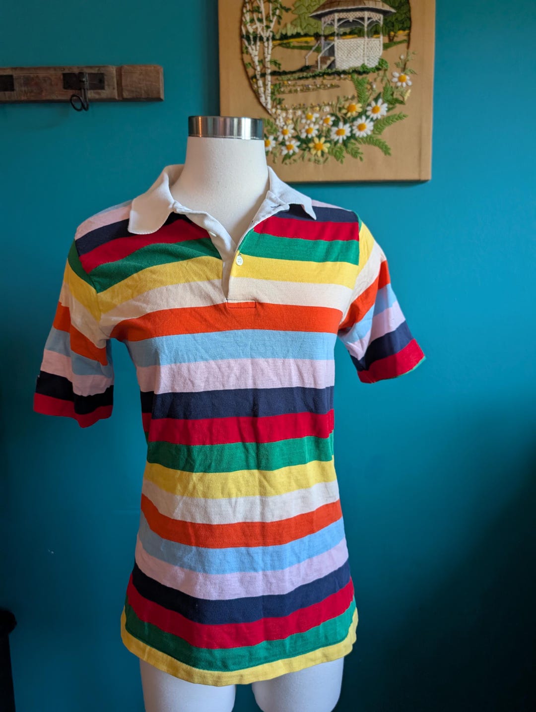 Vintage 70s 80s Rugby Striped Rainbow Polo Size Small Medium Single ...