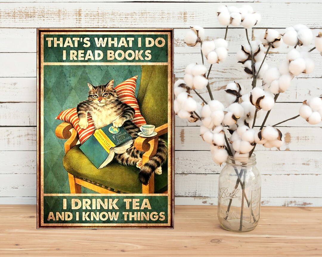 Book Cat Tea Lover Vintage Home Art Gift Metal Sign Plaque - Etsy UK