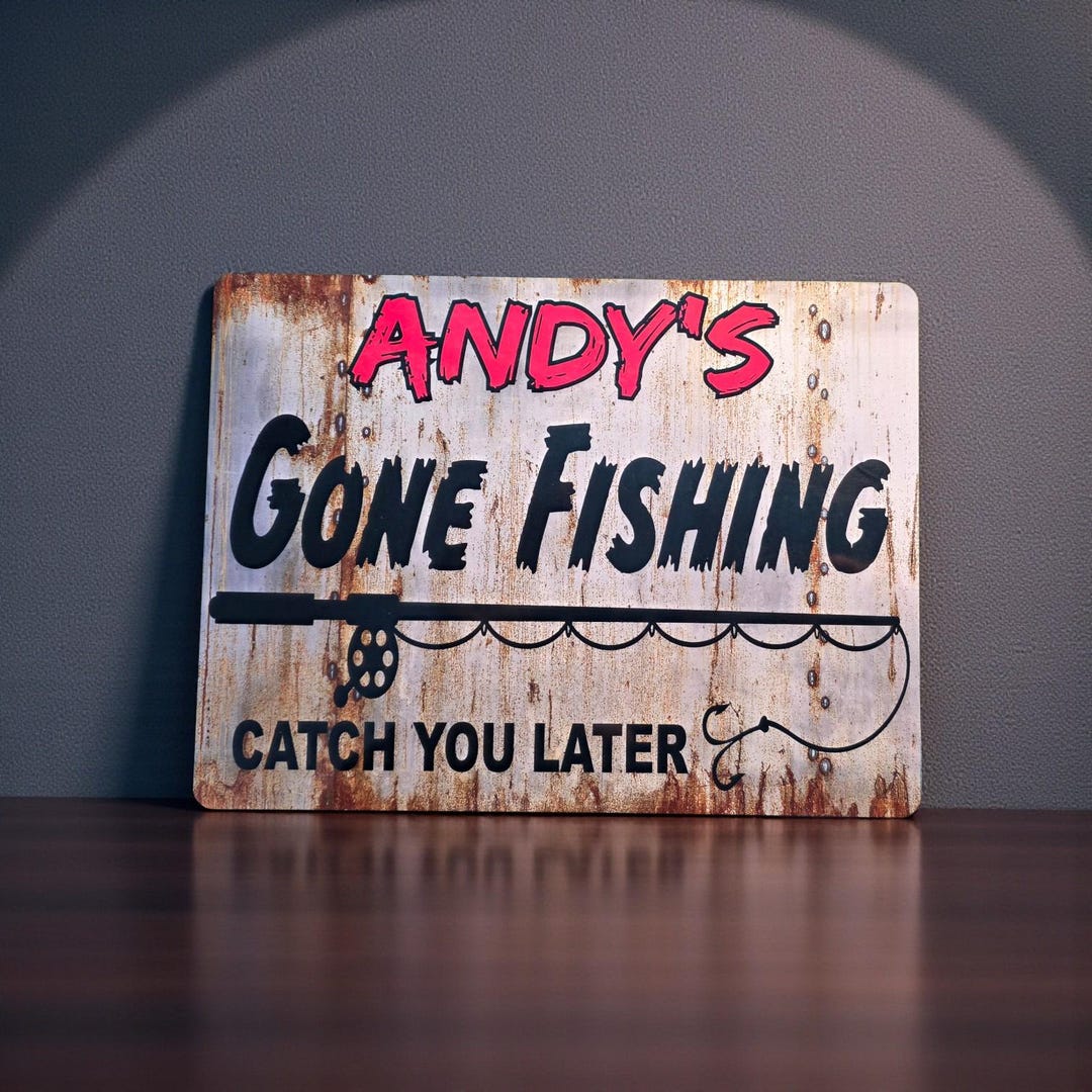 Personalised Gone Fishing Metal Sign - Vintage Angling Gift for Man ...