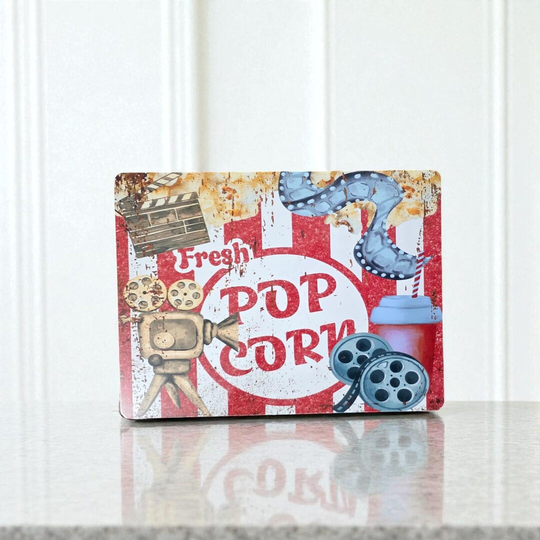 Retro Popcorn Sign | Vintage Cinema Metal Plaque | Film Theater Wall ...