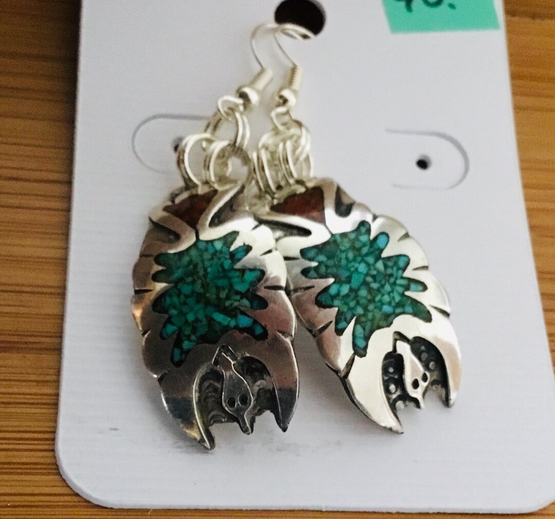 Sterling Silver Bird Design With Inlaid Turquoise and Coral Chip ...