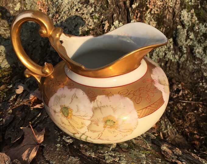 W A Pickard Hand Painted China Pitcher T & V Limoges France Gold White ...