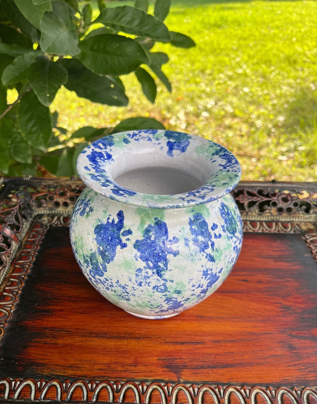 Cole Pottery Vase Artist Kenneth George Spongeware Blue Green White ...