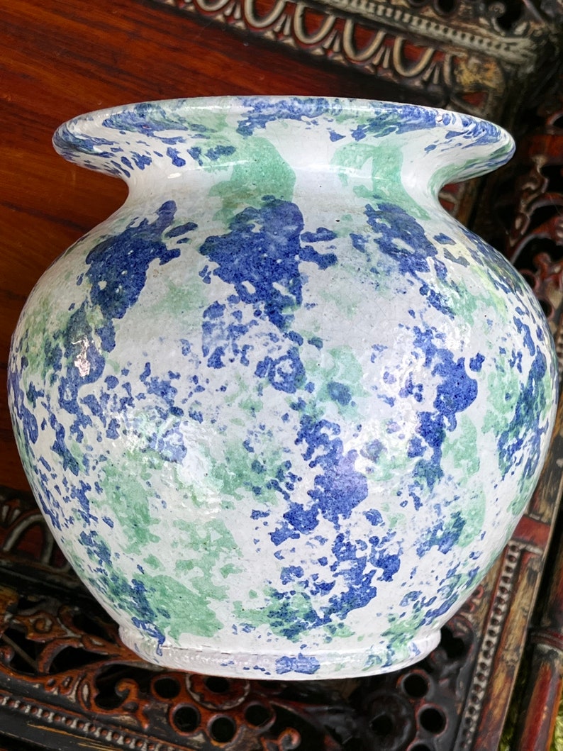 Cole Pottery Vase Artist Kenneth George Spongeware Blue Green White ...