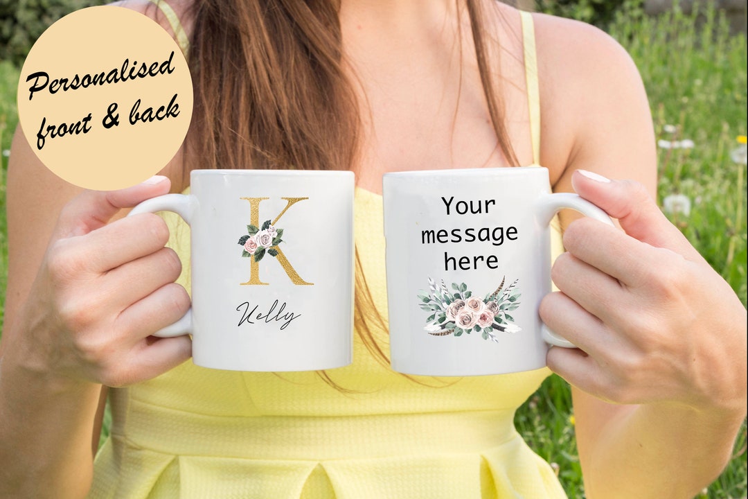 Monogrammed Letter K Coffee Mug Floral Watercolour Golden Initials ...