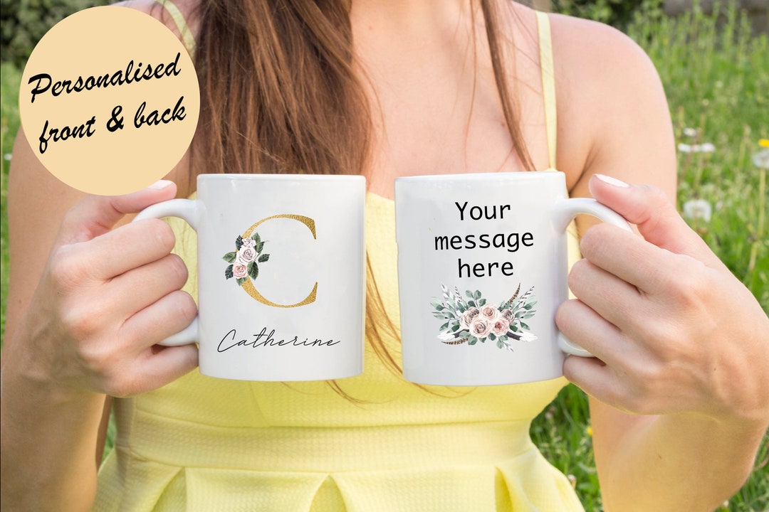 Monogrammed Letter C Coffee Mug Floral Watercolour Golden Initials ...
