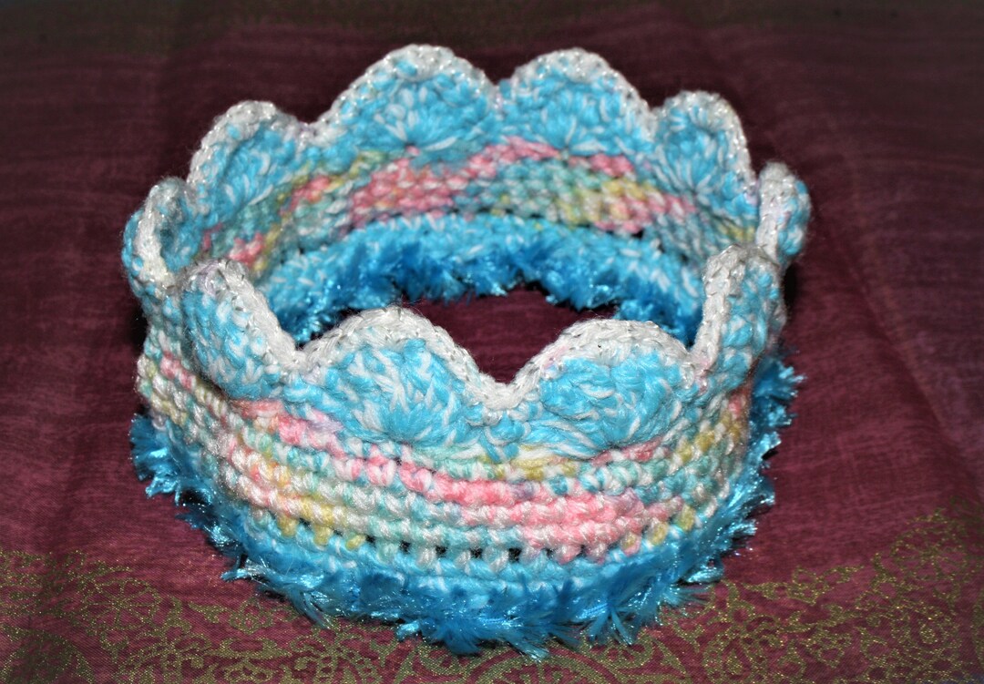 Blue & Pastel Pink, Yellow and Green Crochet Crown With Furry Blue Trim ...
