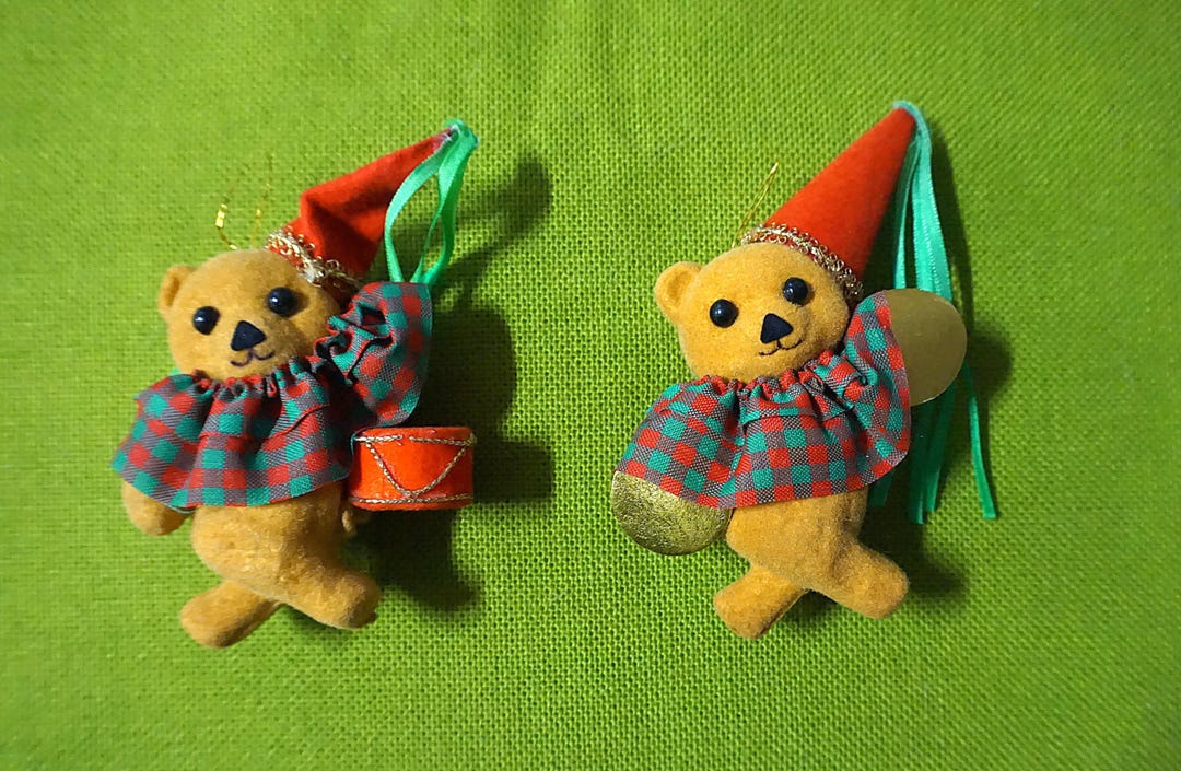 Vintage Flocked Bears Christmas Tree Ornaments - 1960's Hanging Musical ...