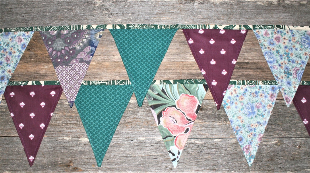 Bunting - Purple and Green Mixed Fabrics - 13 Large Flags - 4 Metres ...
