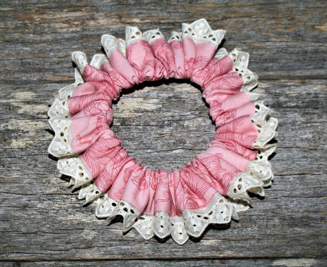Lacey Scrunchie - Pink Print Cotton Scrunchie With Ivory Lace - Pretty ...