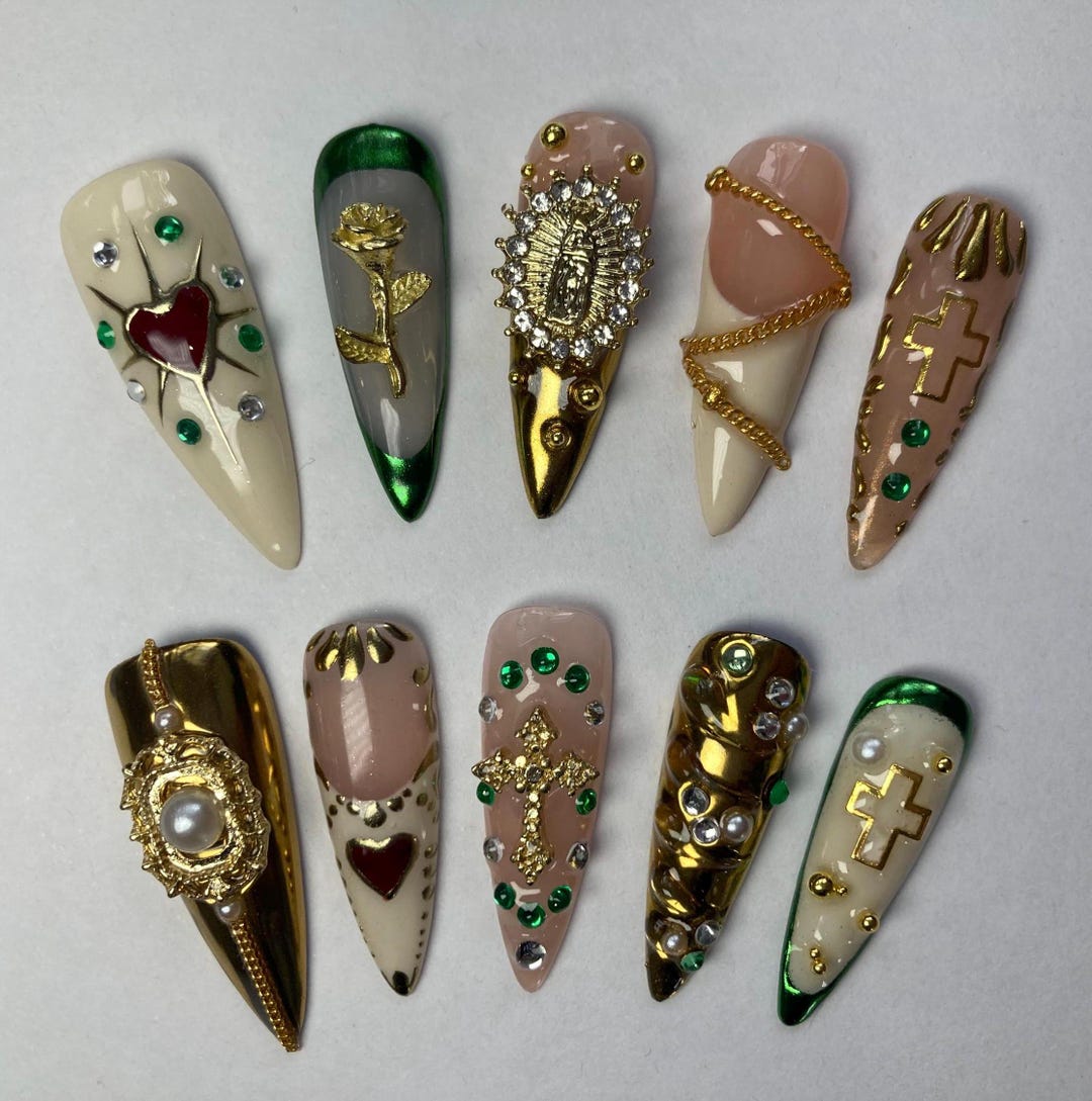 Long Stiletto False Nails, Hand Painted Gold and Green Nails, Charms ...