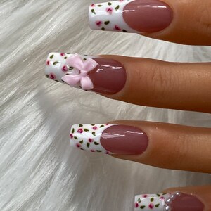 Long Rectangle Nails, Handpainted Flower French Tip, Pretty Nails ...