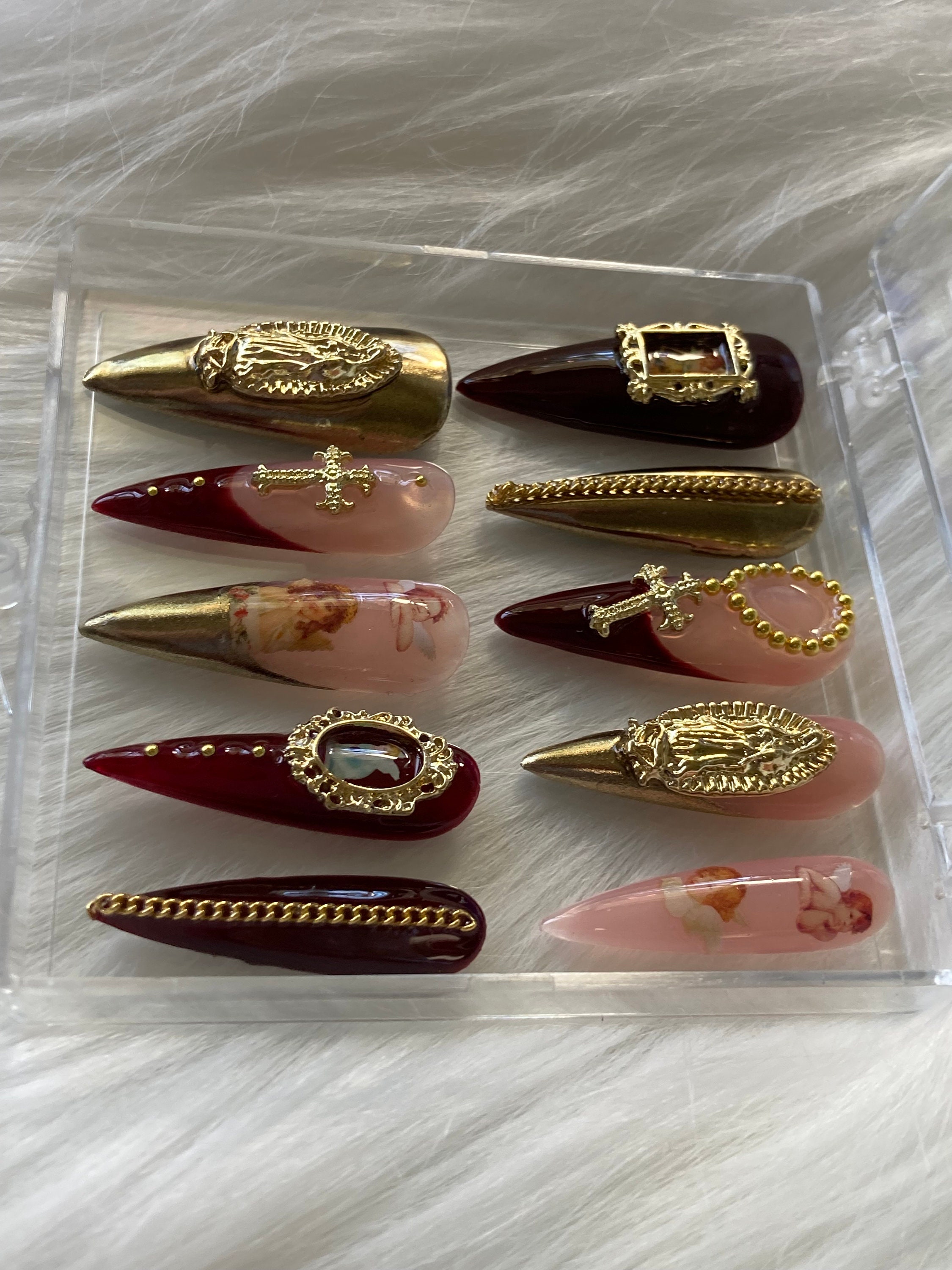 Long Stiletto False Nails, Hand Painted Golden Angel Nails, Cross ...