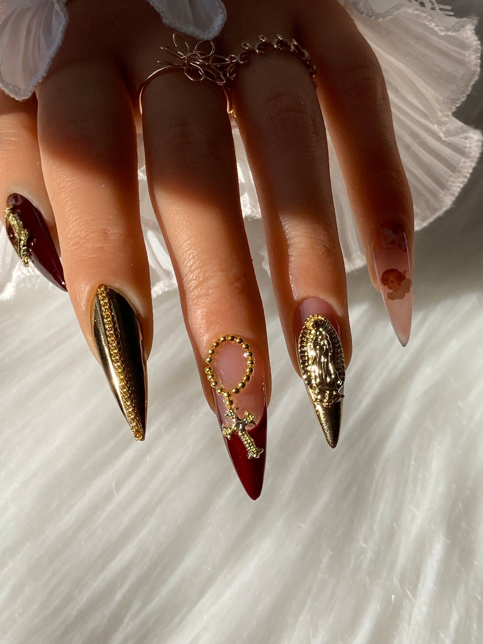 Long Stiletto False Nails, Hand Painted Golden Angel Nails, Cross ...