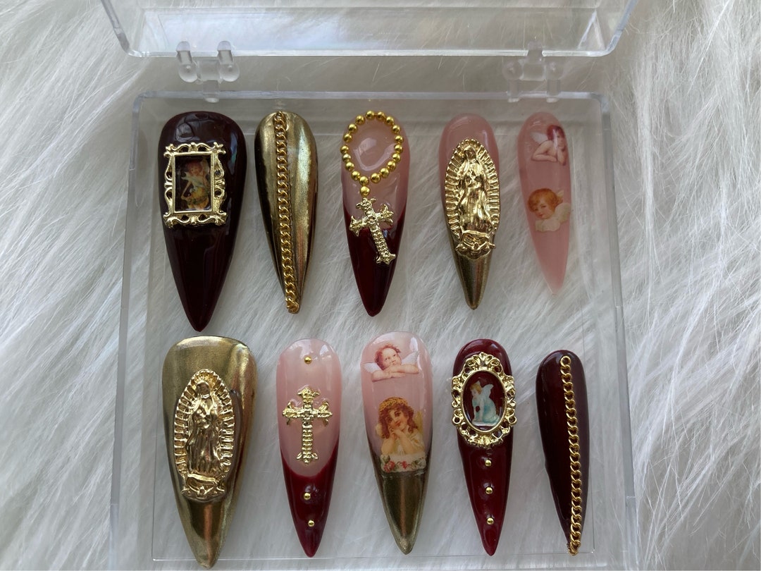 Long Stiletto False Nails, Hand Painted Golden Angel Nails, Cross ...