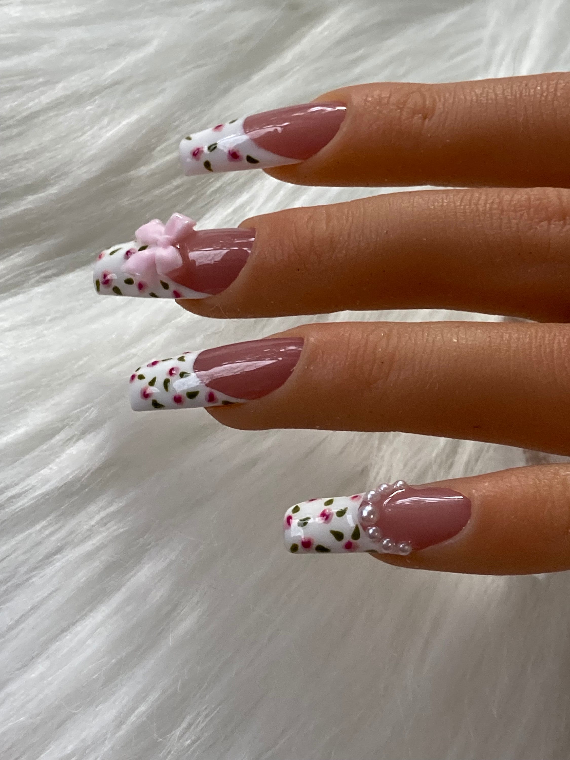Long Rectangle Nails, Handpainted Flower French Tip, Pretty Nails ...