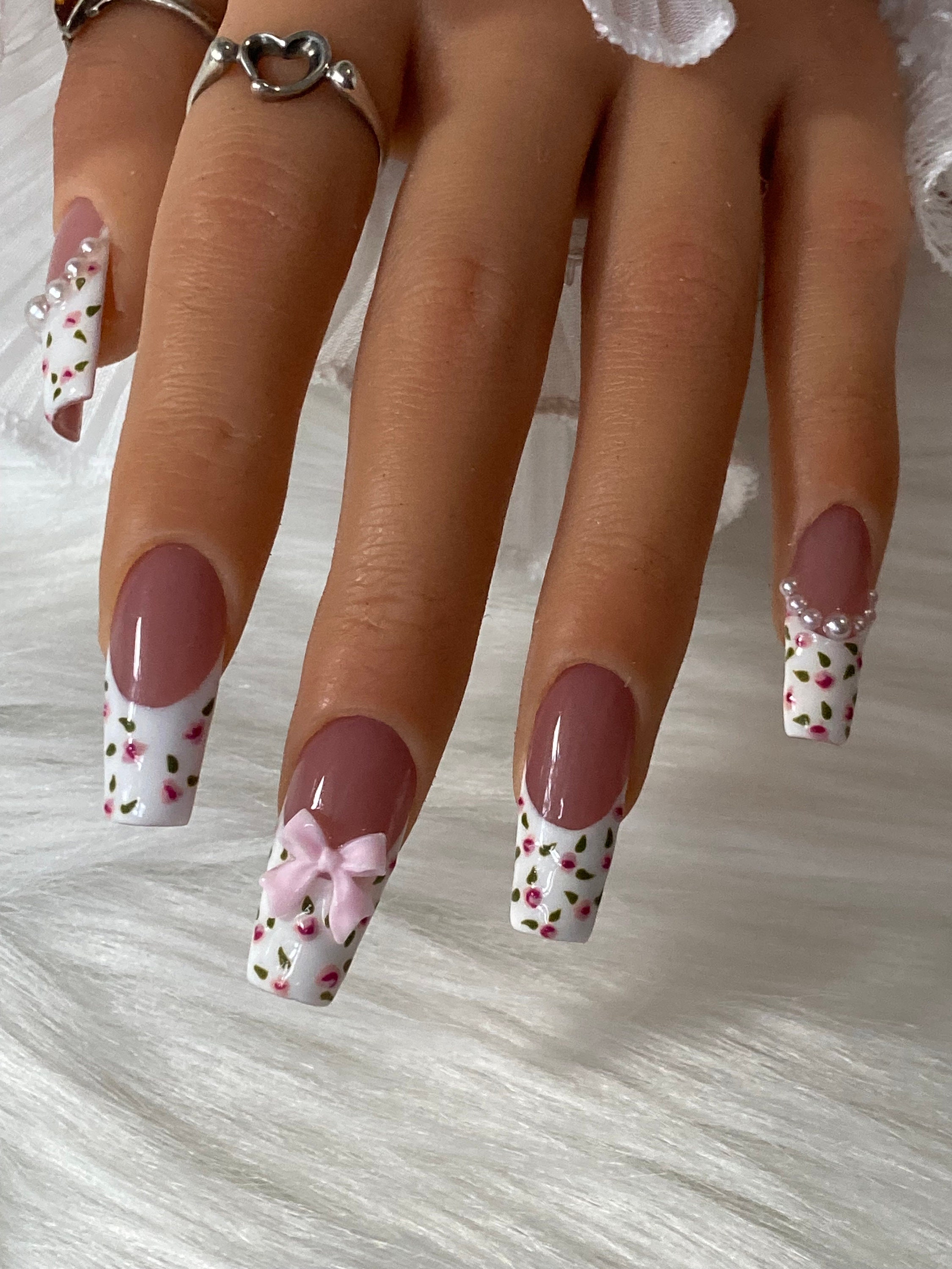 Long Rectangle Nails, Handpainted Flower French Tip, Pretty Nails ...