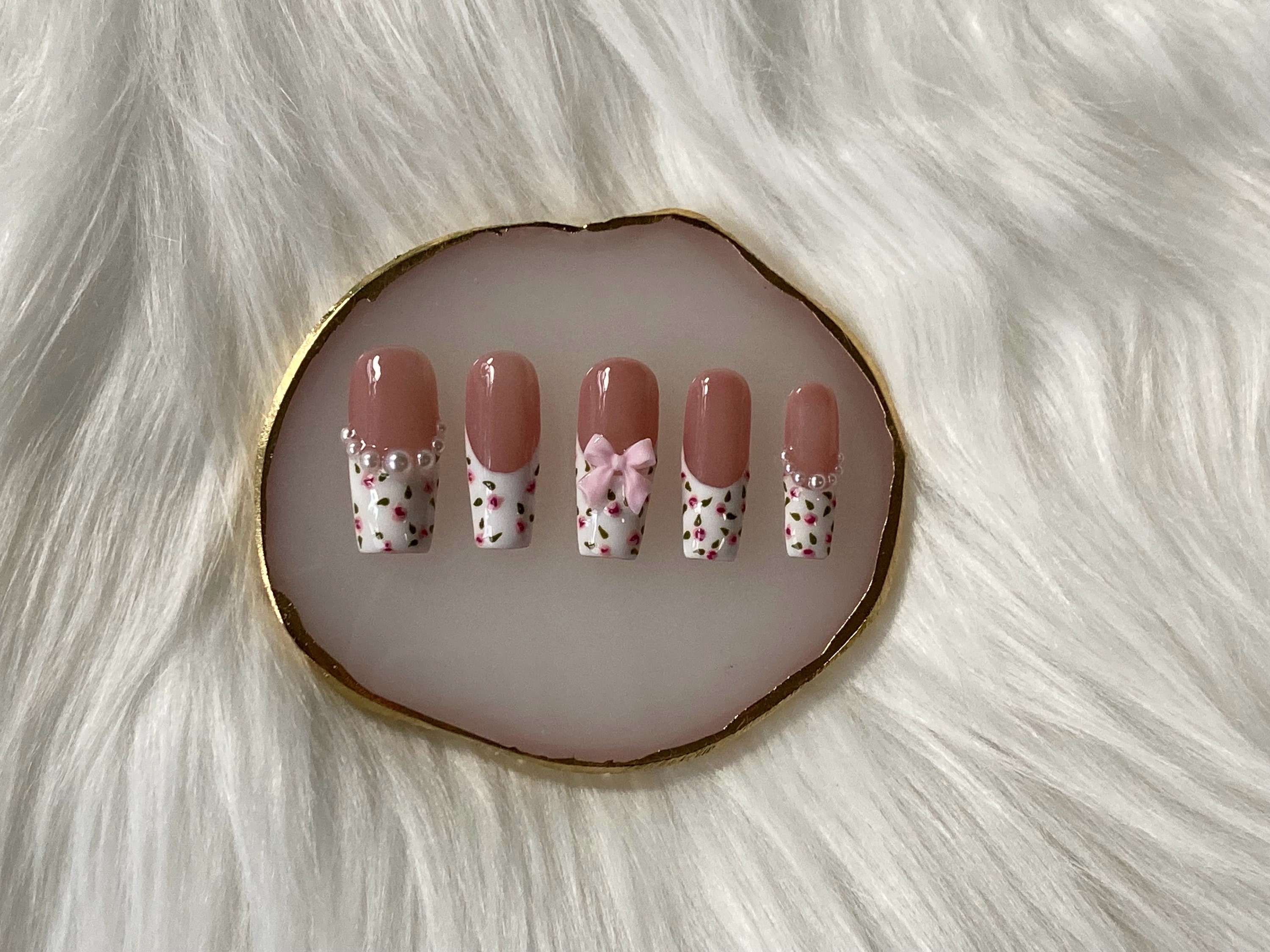Long Rectangle Nails, Handpainted Flower French Tip, Pretty Nails ...