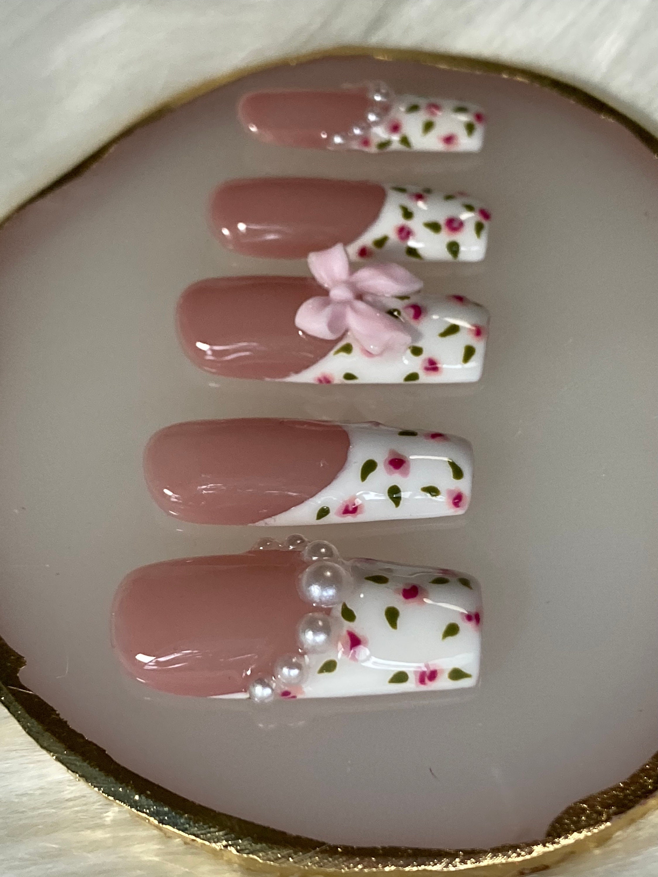 Long Rectangle Nails, Handpainted Flower French Tip, Pretty Nails ...
