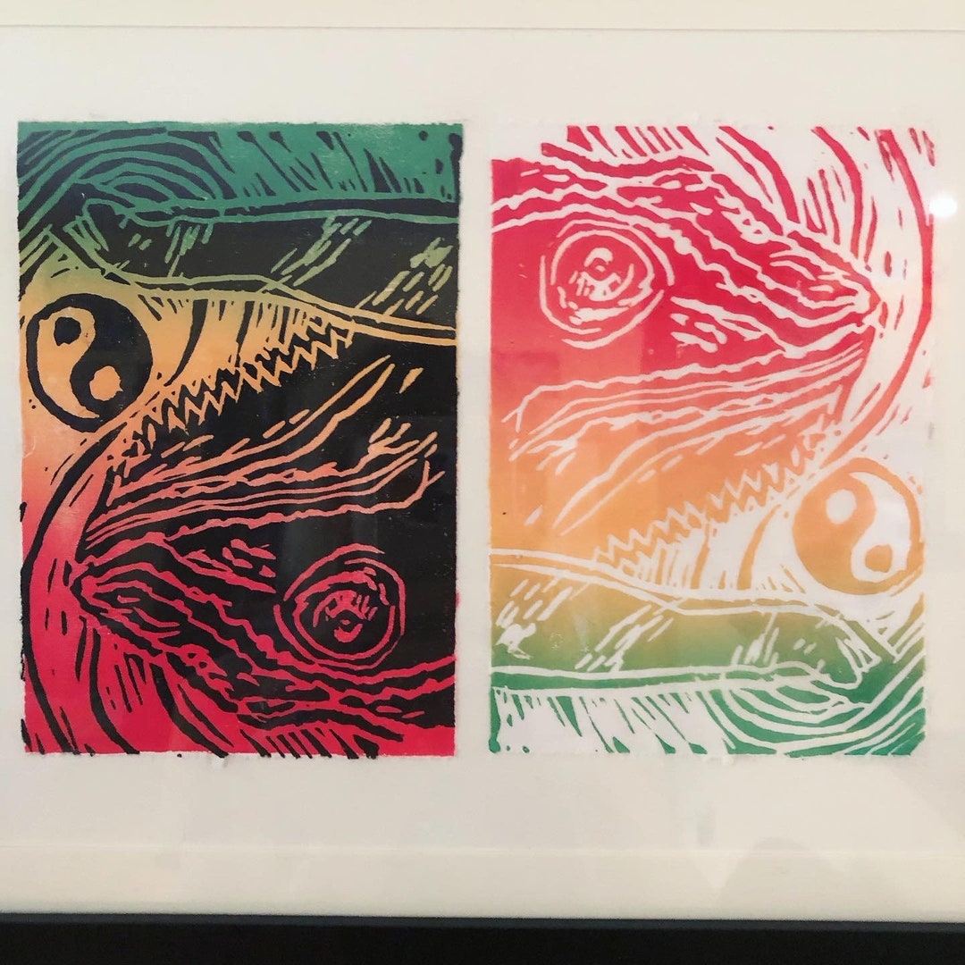 Original Art Trippy Lizard Yin Yang Printmaking Linocut Room Decor - Etsy