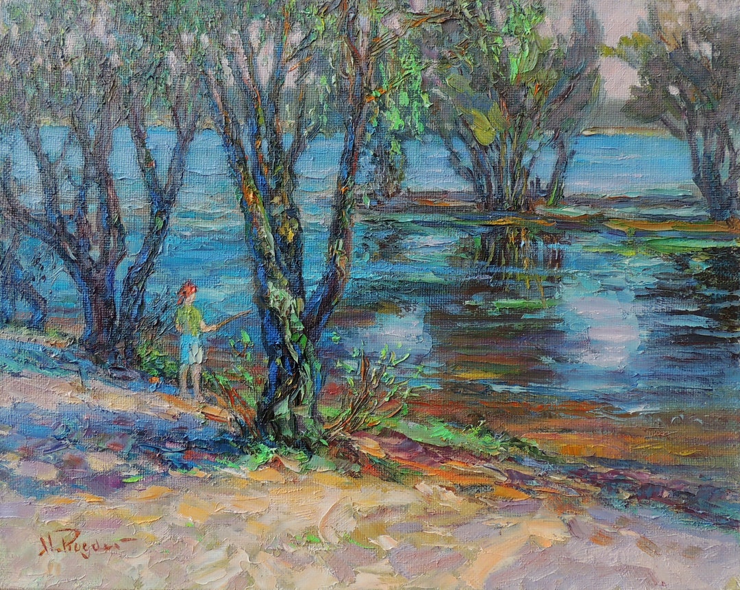 Fishing. Spring Water. Little Girl Cathing Fish. Original Oil Painting ...