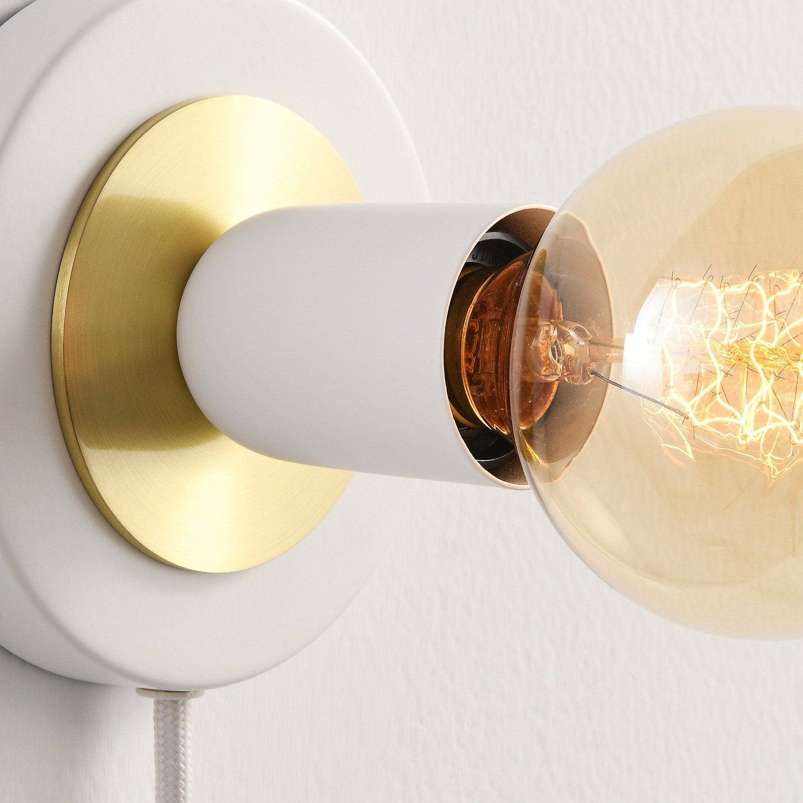 Black Plug in Wall Sconce Light With Brushed Brass Ring - Flush Mount ...