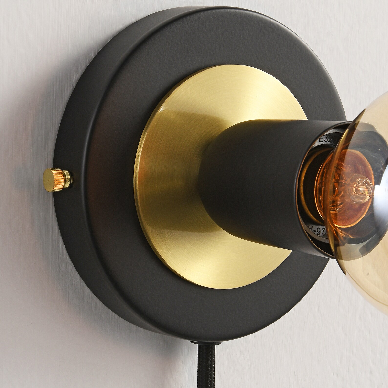 Black Plug in Wall Sconce Light With Brushed Brass Ring - Flush Mount ...