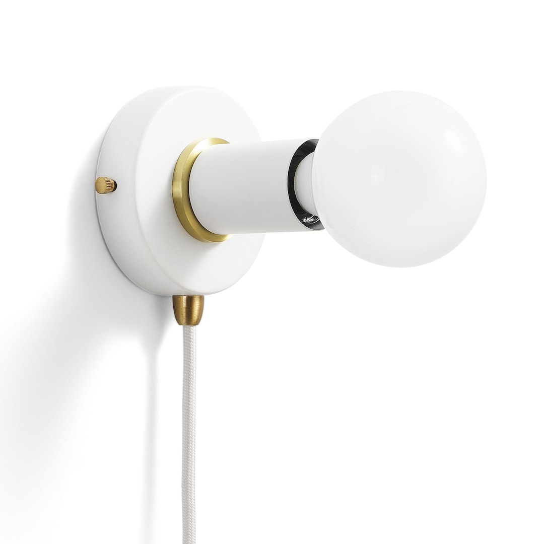 White Plug-in Wall Sconce Light With Gold Ring - Industrial Modern ...