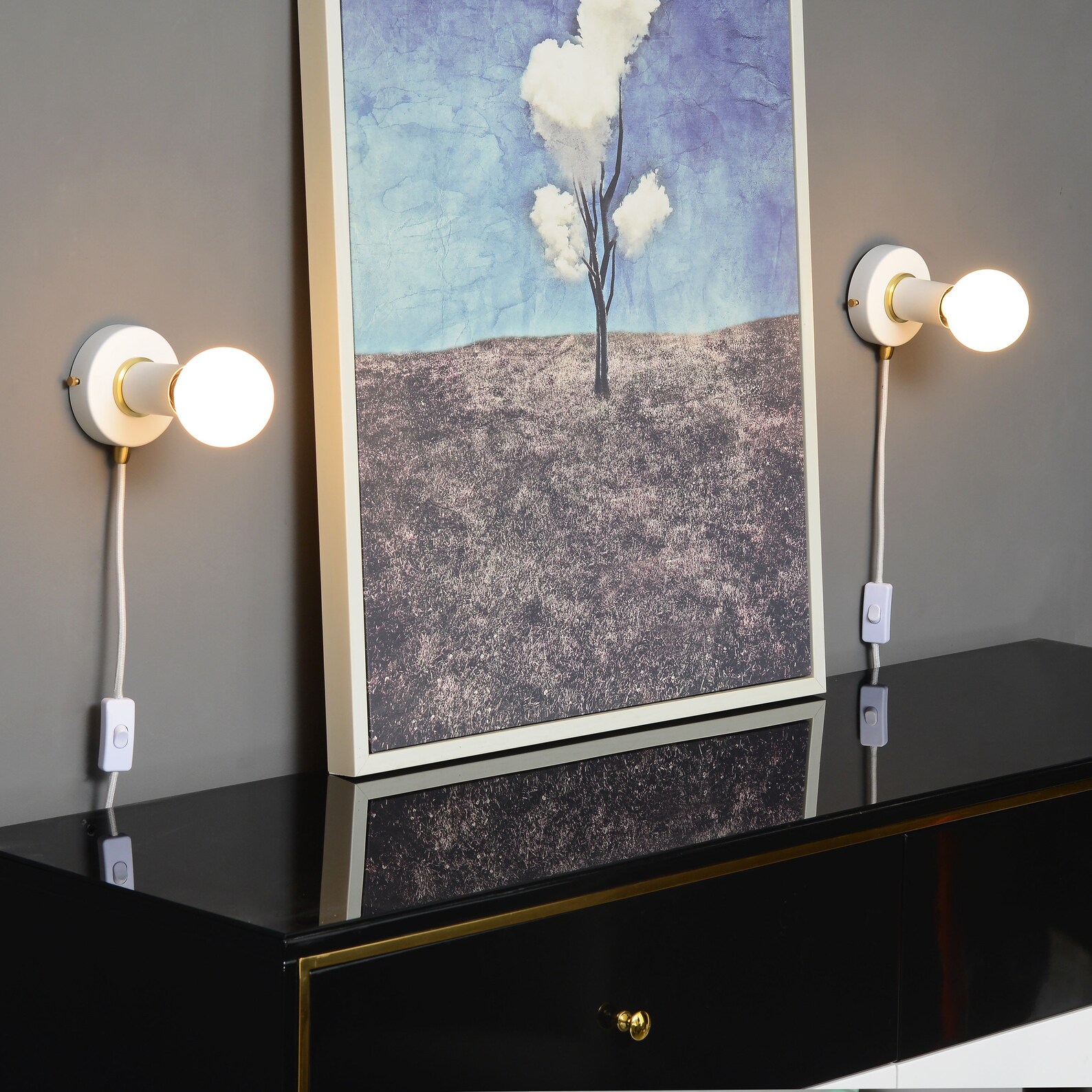 White Plug-in Wall Sconce Light With Gold Ring Industrial Modern ...