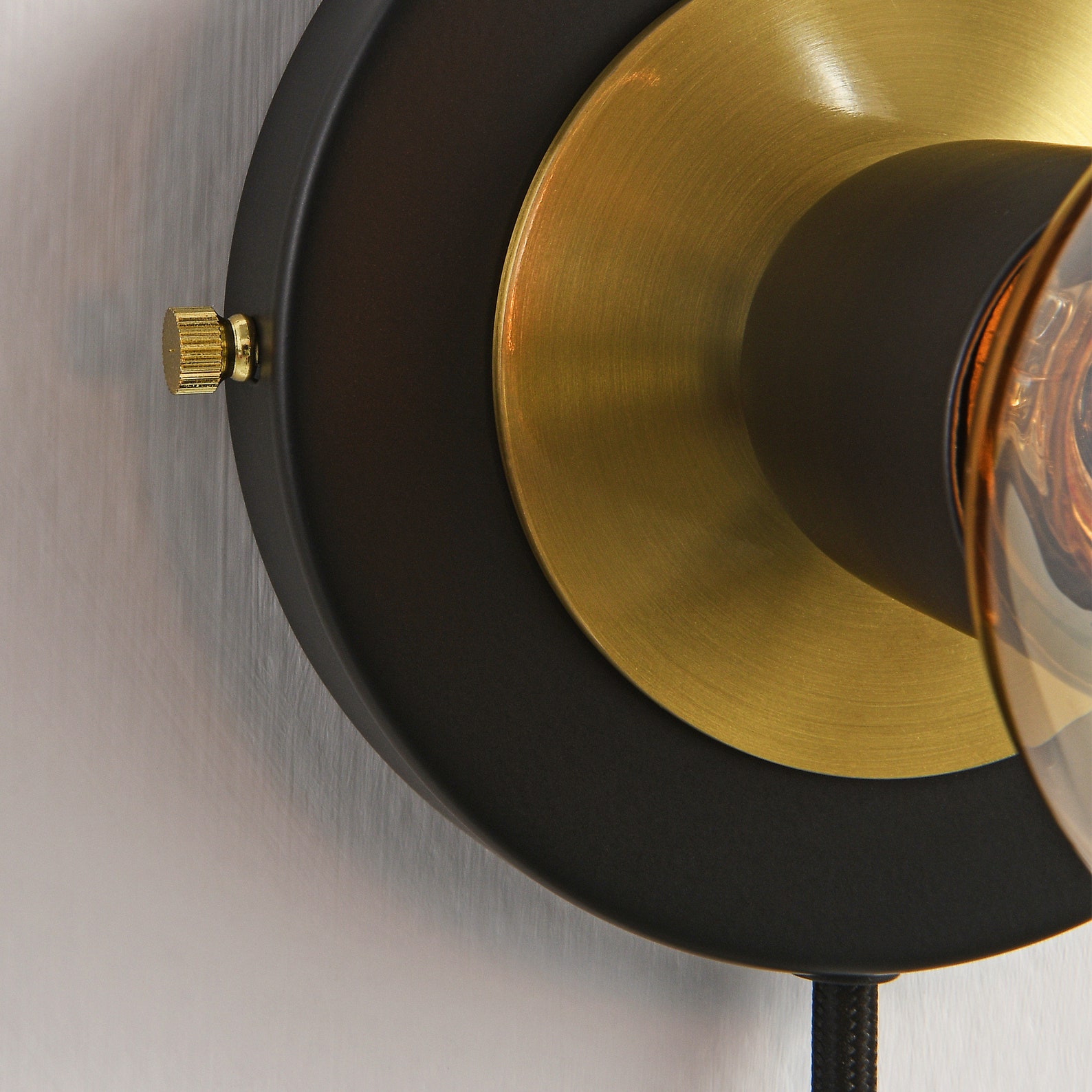 Black Plug in Wall Sconce Light With Brushed Brass Ring - Flush Mount ...