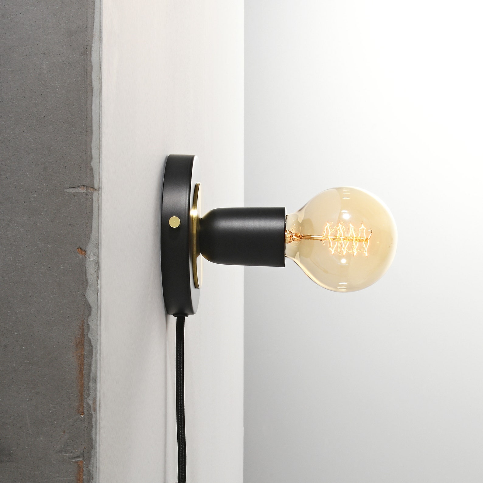 Black Plug in Wall Sconce Light With Brushed Brass Ring - Flush Mount ...