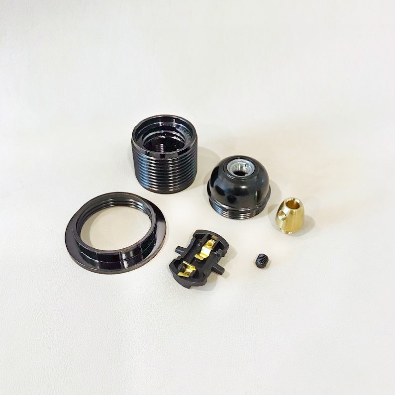 Full Thread Light Socket + Brass Cord Grip - Black Shade Ready E26 Lamp ...