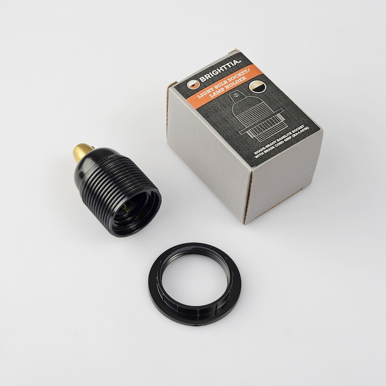 Full Thread Light Socket + Brass Cord Grip - Black Shade Ready E26 Lamp ...