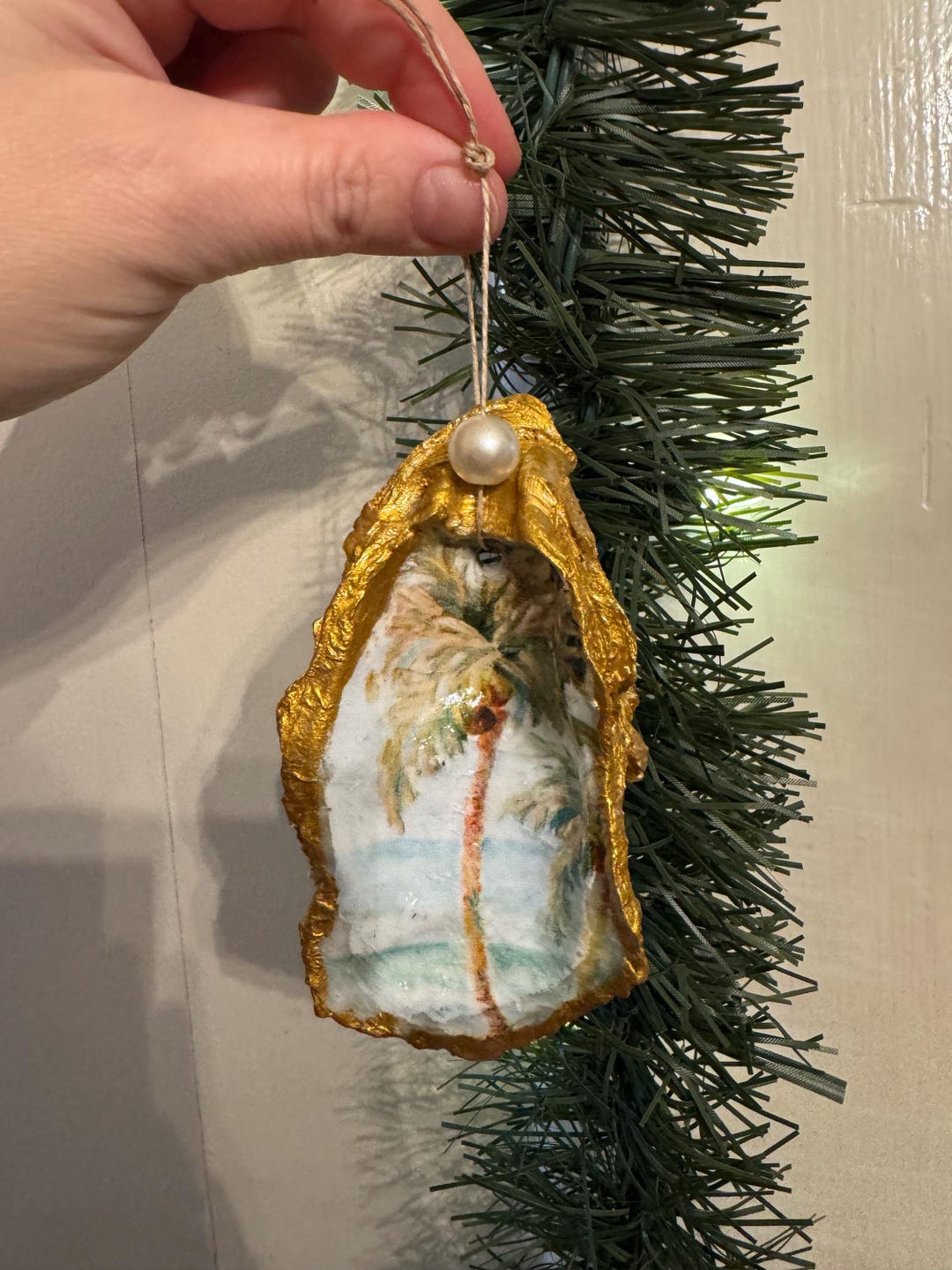 Palm Tree on Oyster Shell Ornament - Handmade - Shell Art - Trinket ...