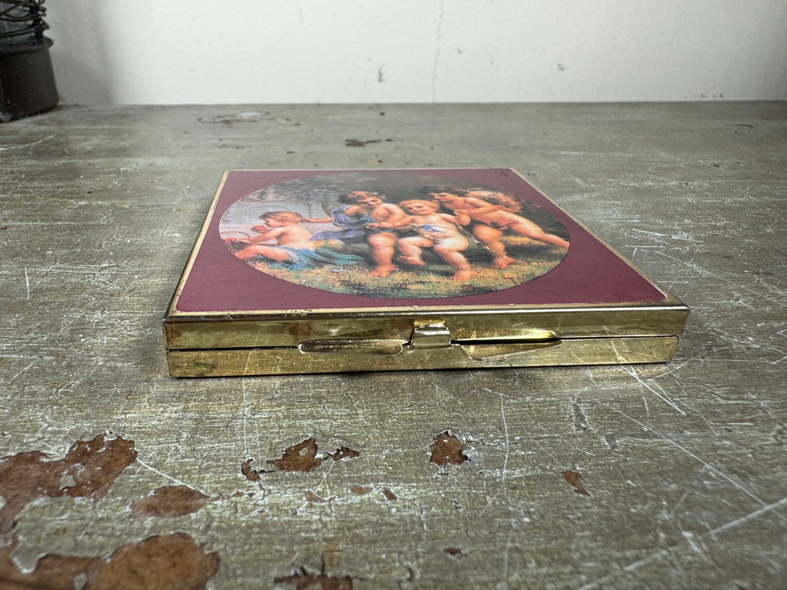 Cherub Vintage Gold Tone Mirror Compact Purse Compact Red Maroon With ...