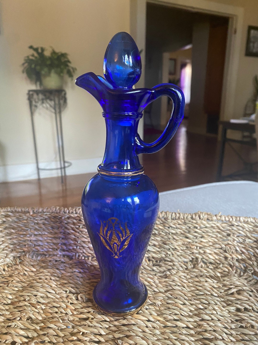 Avon Cobalt Blue Decanter Bottle With Handle - Cork Stopper - Bath Oils ...