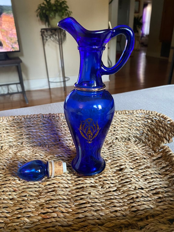 Avon Cobalt Blue Decanter Bottle with Handle - Cork S… - Gem